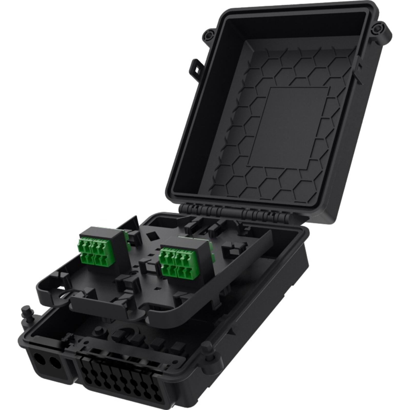 916-002 - Excel Encasa 16 Fibre Distribution Point with 16 LCA Connections + 2x 1:8 Splitter Black